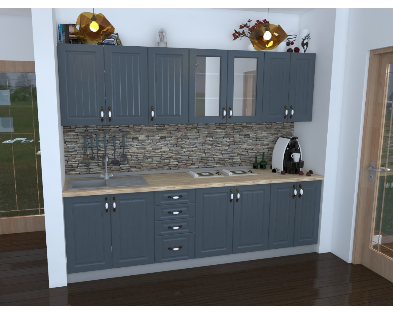 Bucatarie Zebra 2.6 metri MDF gri frezare dungi