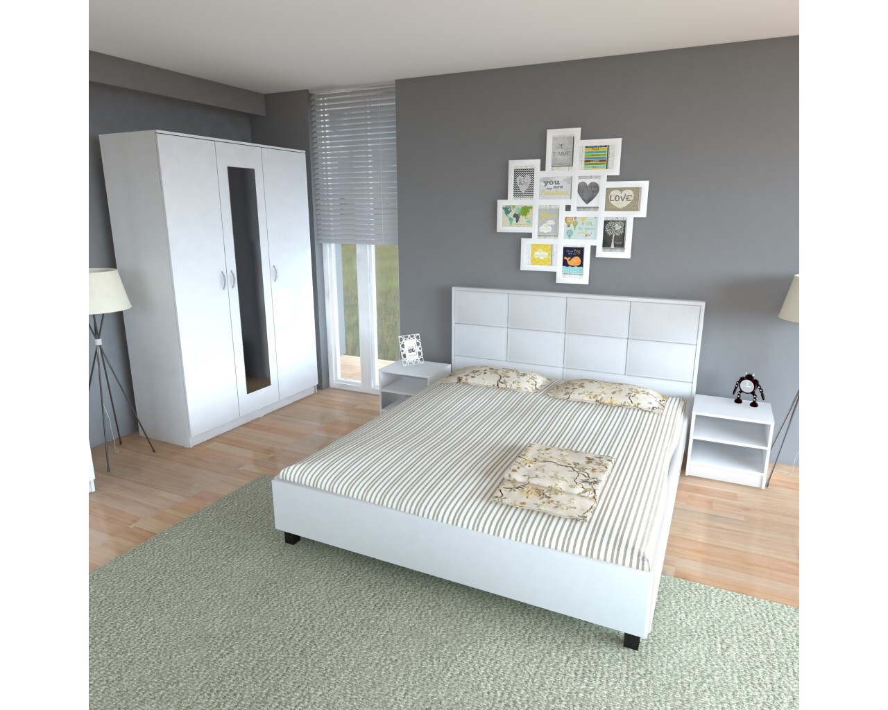 Dormitor Soft Alb cu pat tapitat alb pentru saltea 160x200 cm