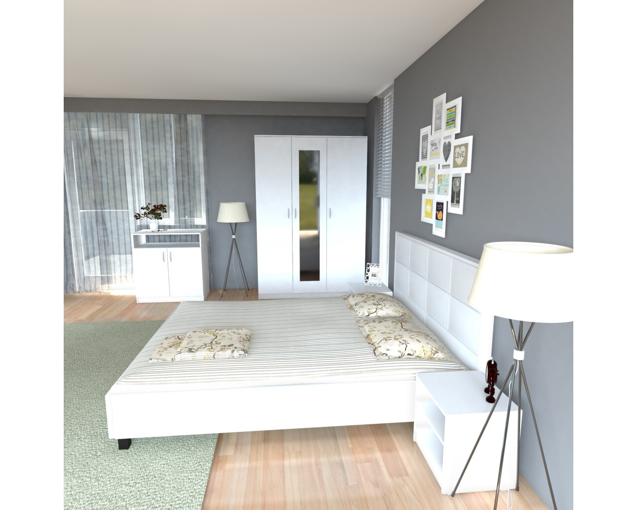 Dormitor Soft Alb cu pat tapitat alb pentru saltea 120x200 cm