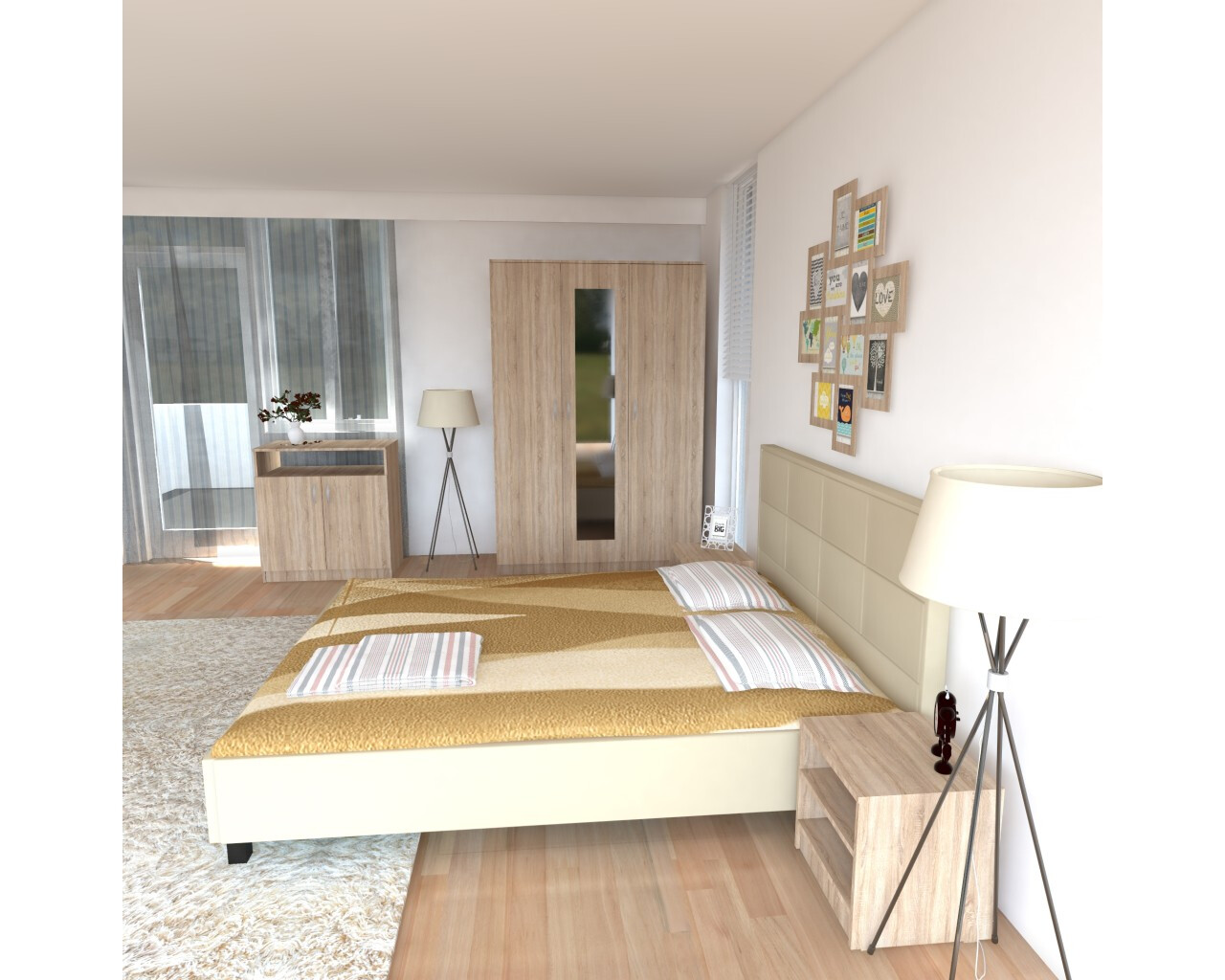 Dormitor Soft Sonoma cu pat tapitat bej pentru saltea 140x200cm